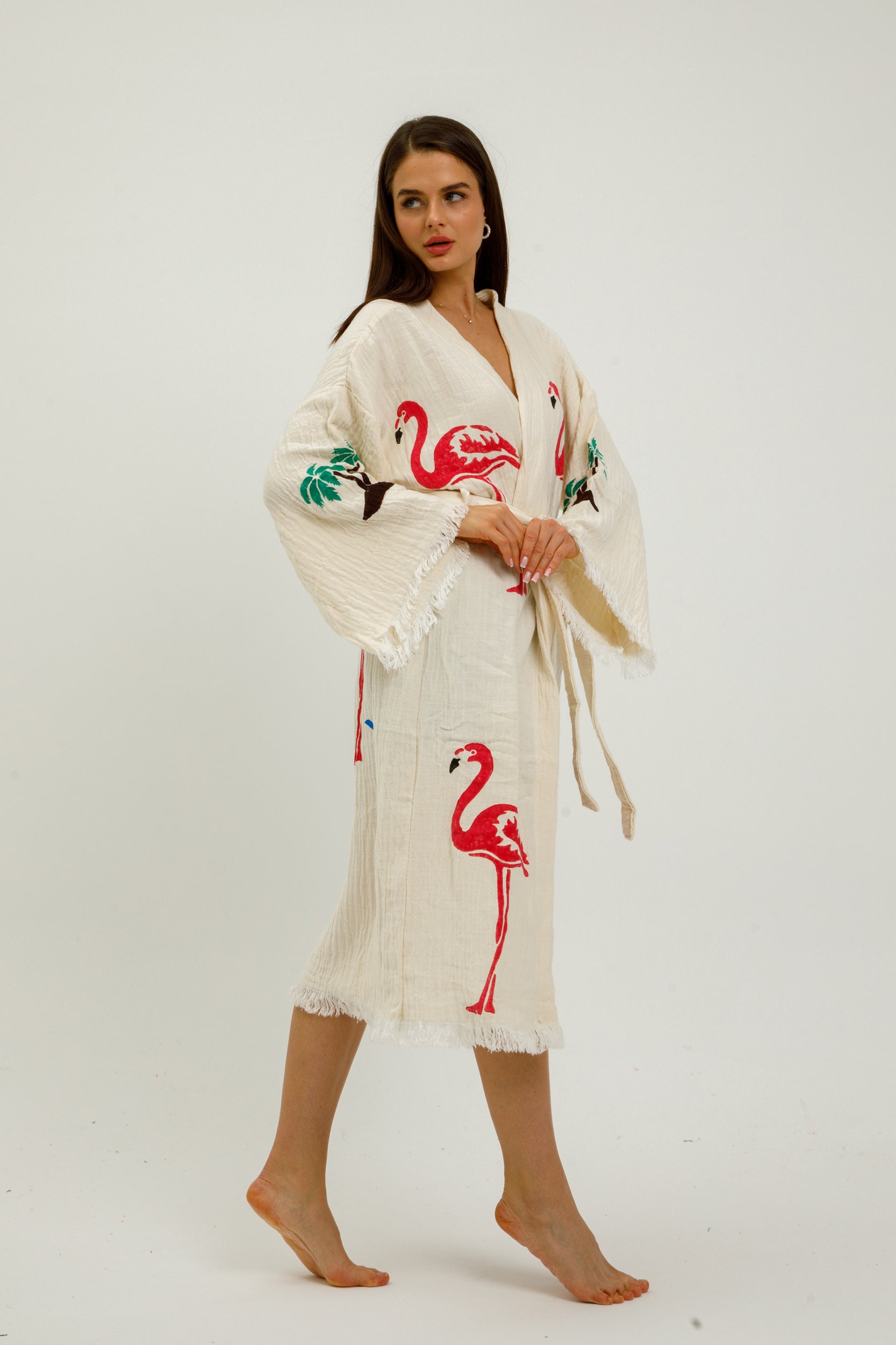 Organic Flamingo Print Kimono, Ethnic Kaftan,organic Cotton Bathrobe ...