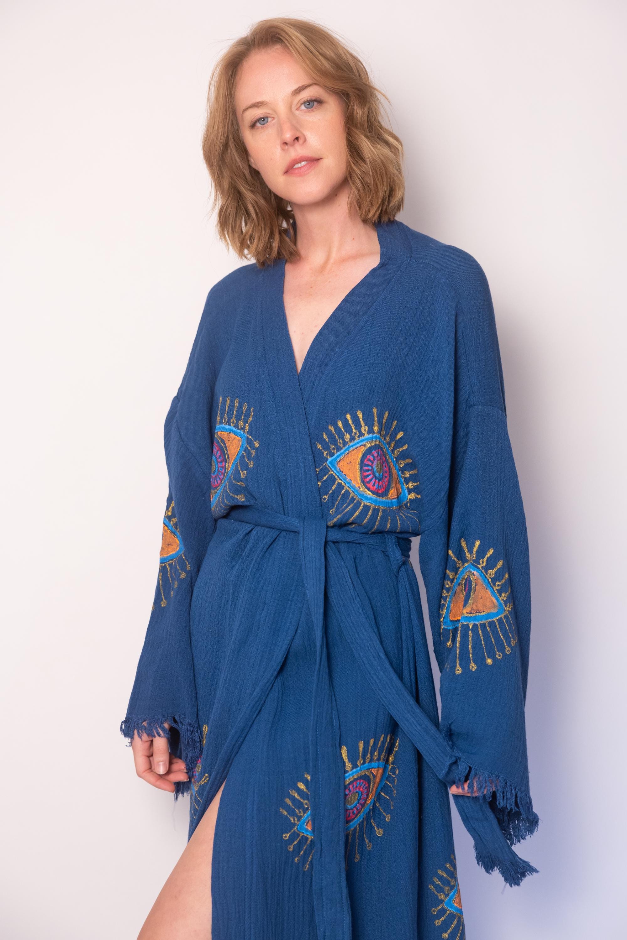 Handmade Evil Eye Robe: Organic Cotton Boho Kimono Bathrobe - Etsy