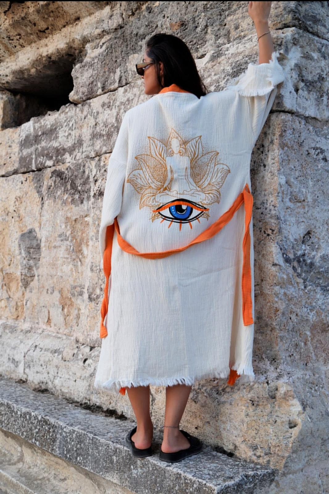 Boho Evil Eye Cotton Linen Kimono, Ethnic Kaftan,organic Cotton ...
