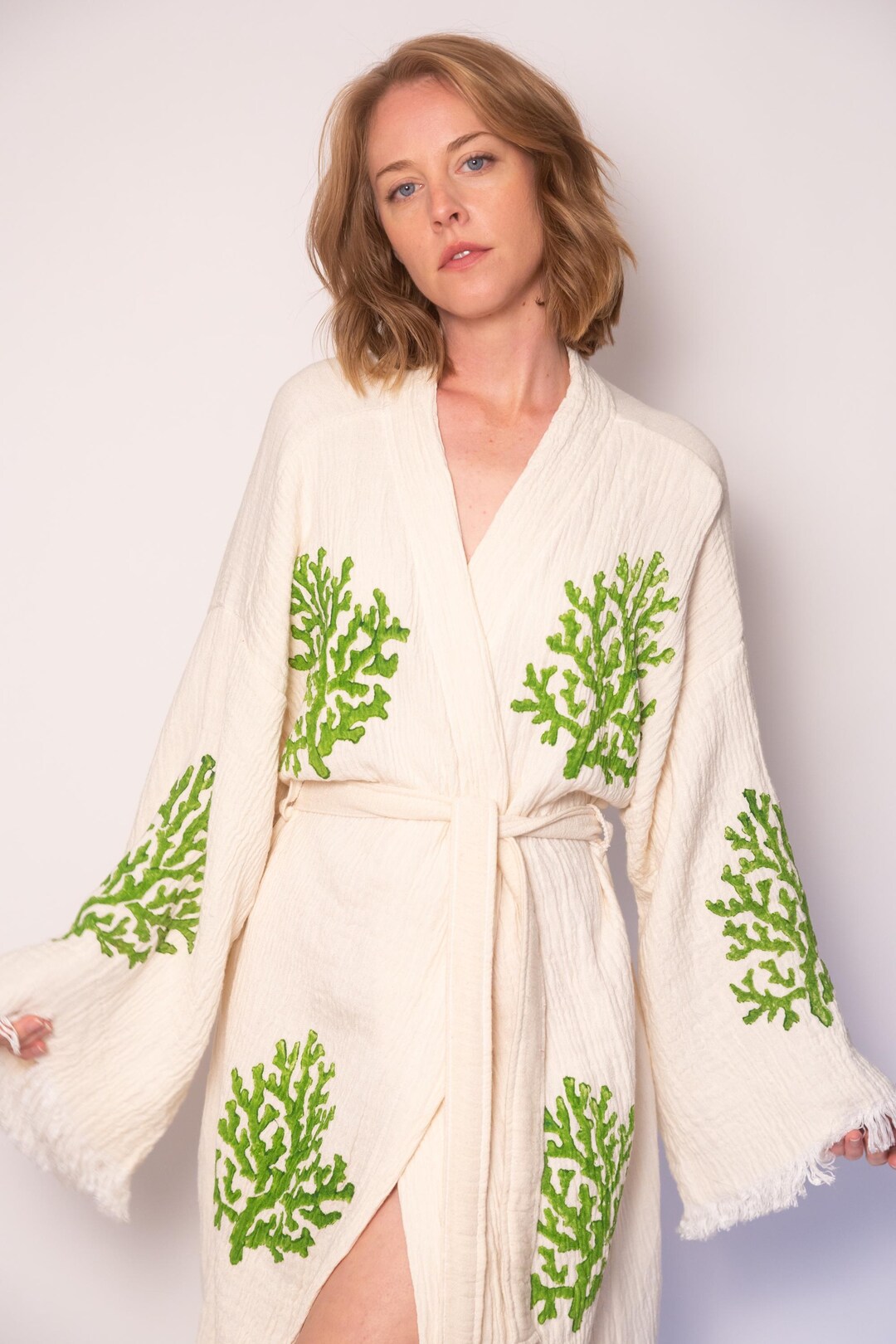 Organic Cotton Muslin Robe: Handmade Boho Kaftan With Green Embroidery ...