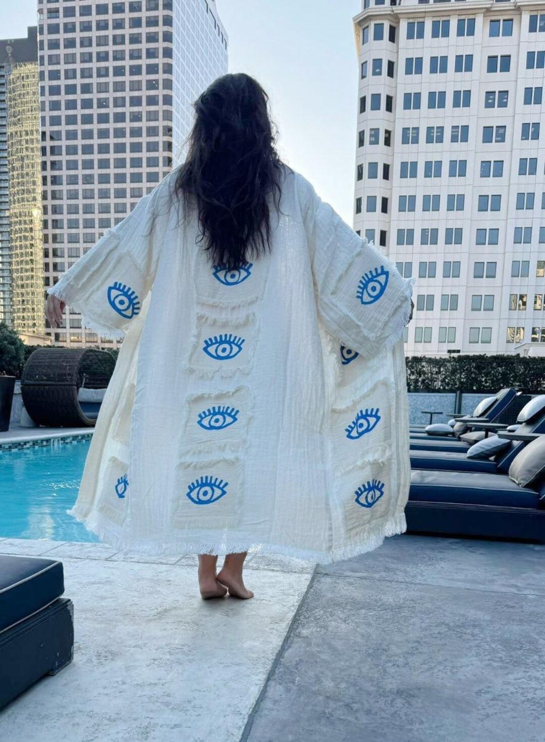 Organic Turkish Cotton Muslin Robe: Boho Spa Kaftan With Evil Eye - Etsy