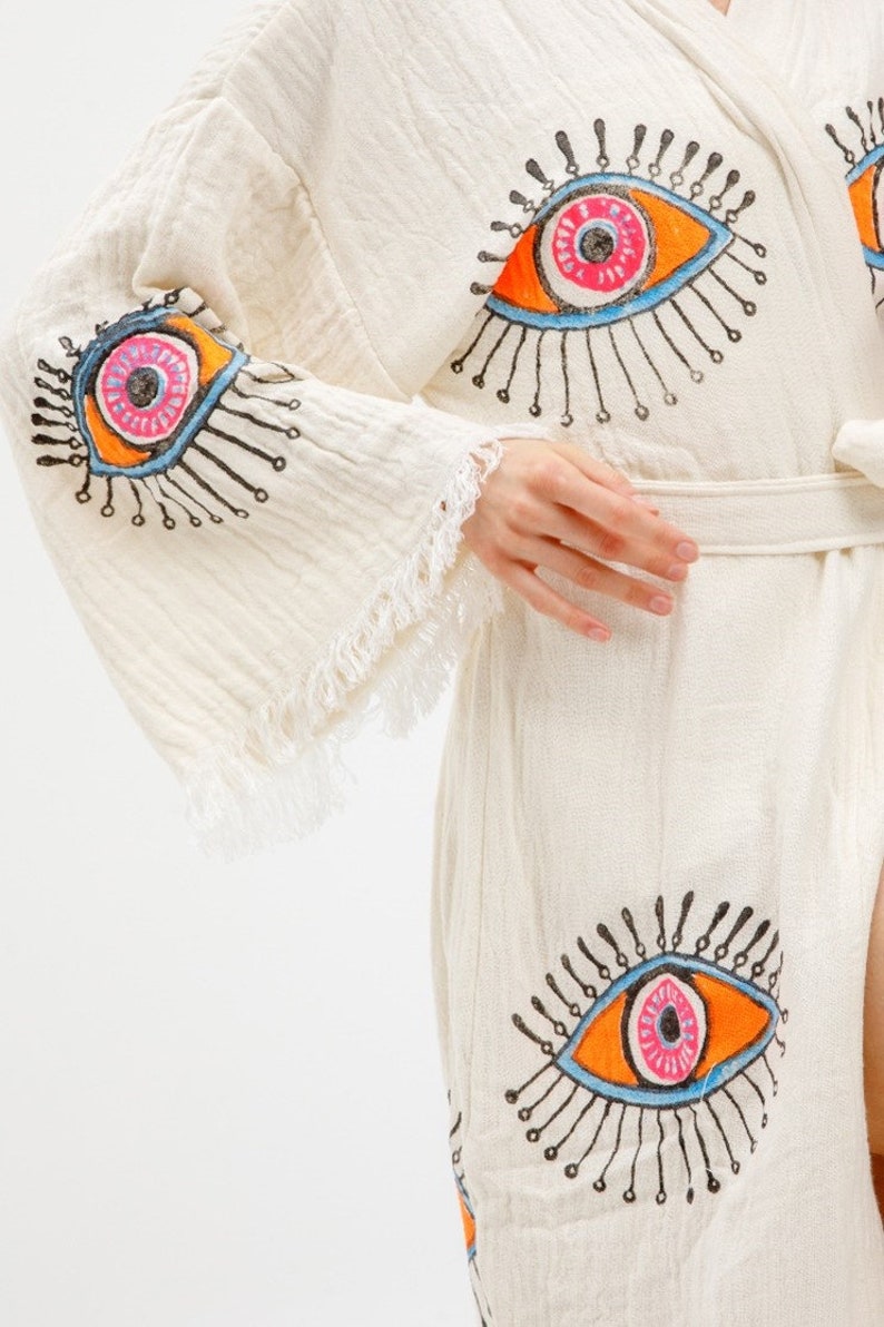 Evil Eye Kimono Robe, Ethnic Kaftan,organic Cotton Bathrobe, Muslin ...