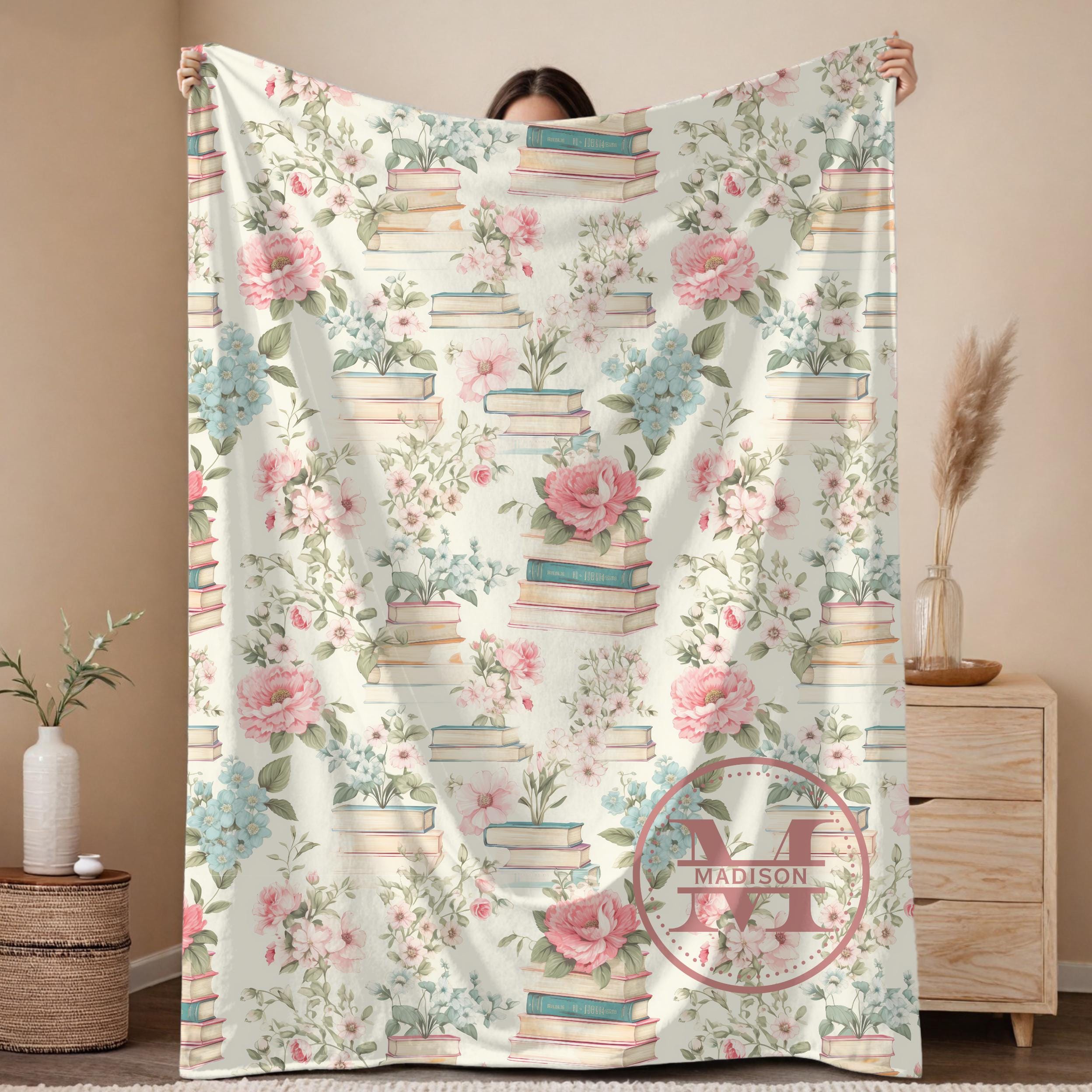 Sherpa Fleece Blanket, Personalized Floral and Books Blanket, Book ...