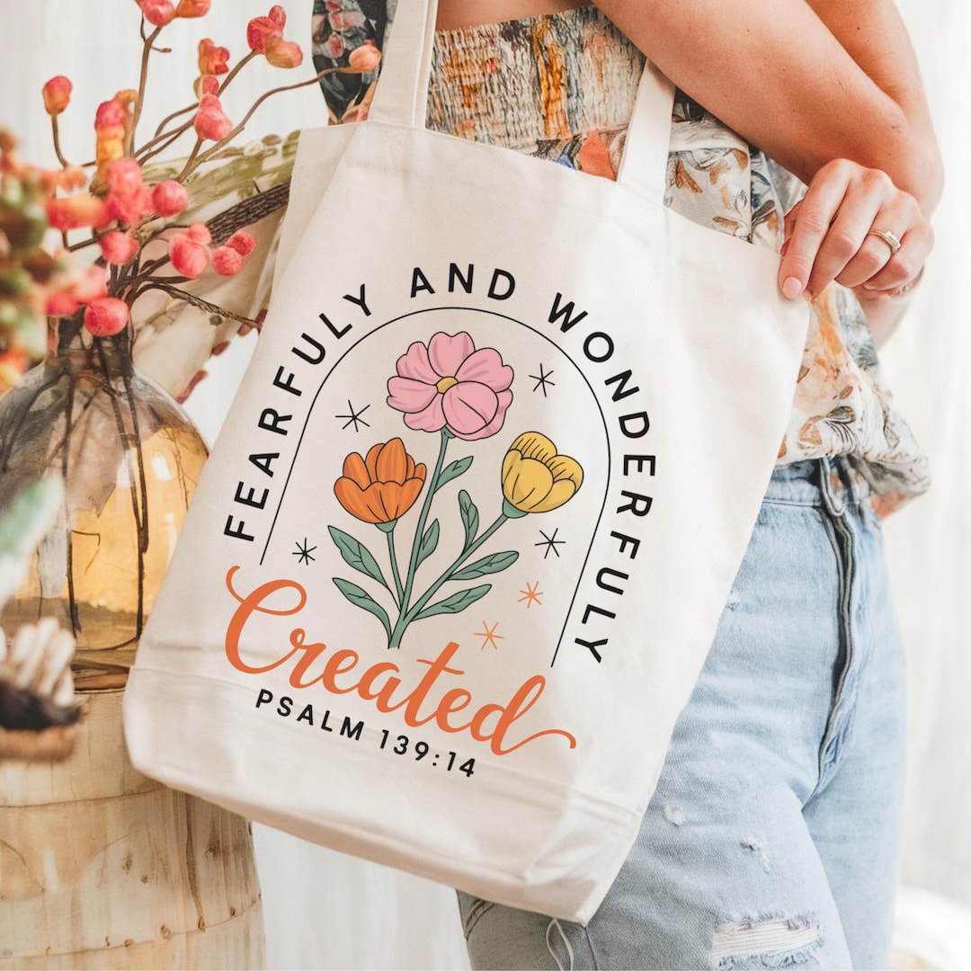 Tote Bag, Christian Floral Design With Bible Verse, Fearfully and ...