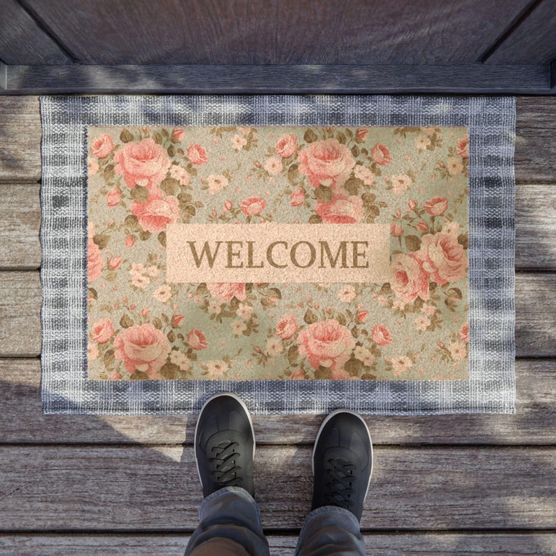 Cottagecore Welcome Doormat, Shabby Chic Rose Floral Entry Rug, English ...