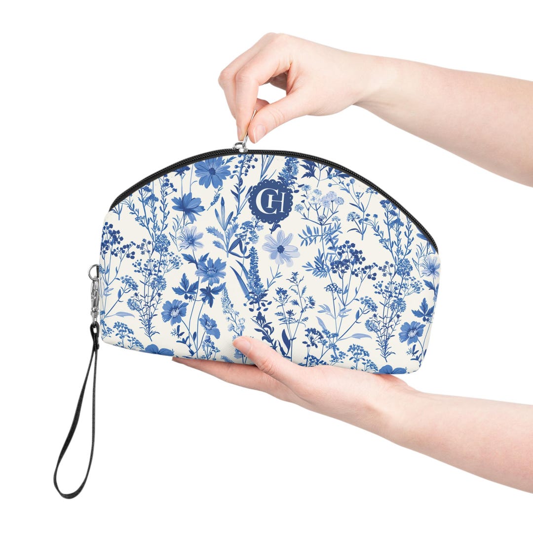 French Toile Makeup Bag: Blue Floral Cosmetic Pouch, Personalized ...