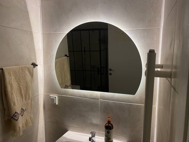 Half Circle LED Lighted Bathroom Mirror Half Moon Large Mirror With LED ...