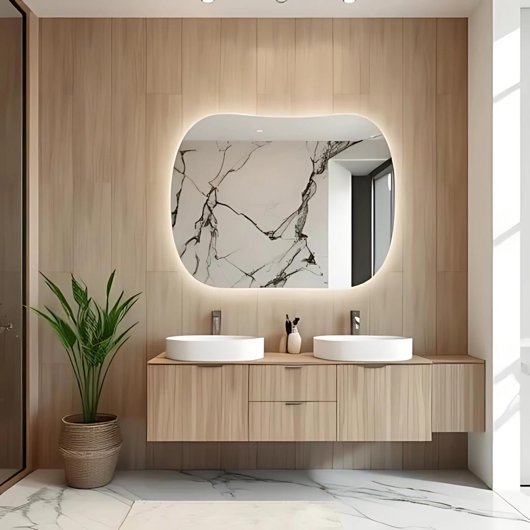 Bathroom LED Wavy Wall Decorative Mirror - Asymmetrical Unique Modern ...