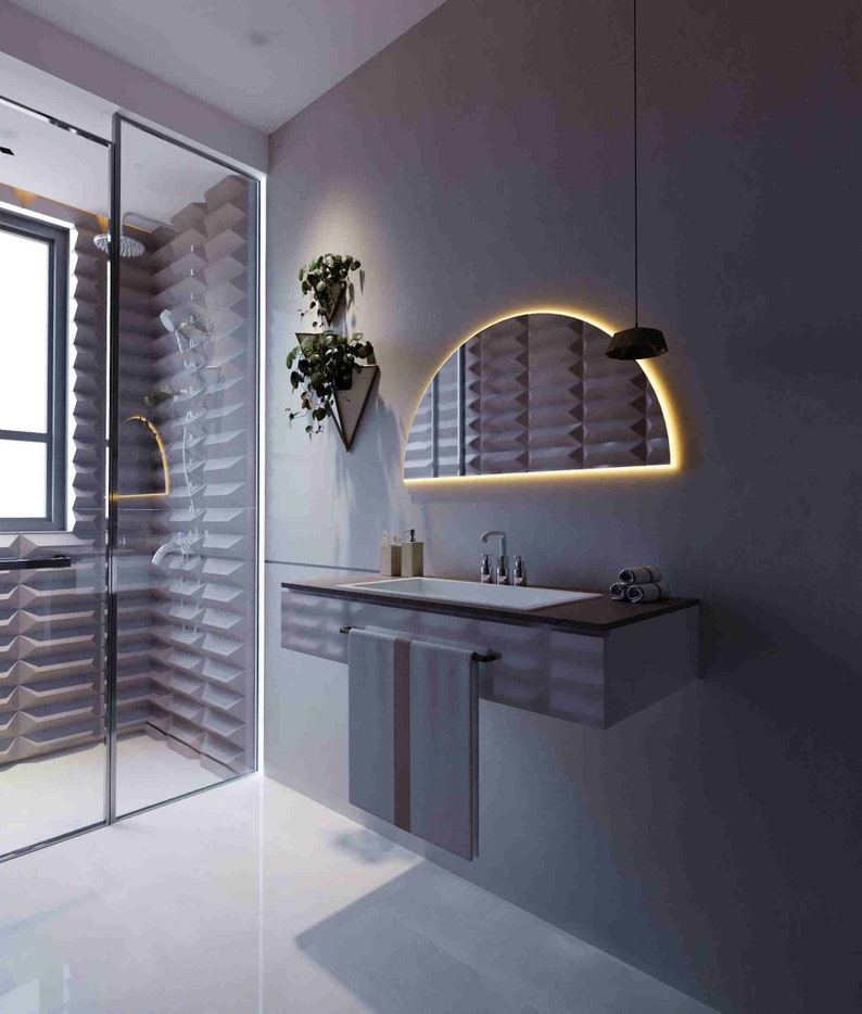 Half Round Led Illuminated Wall Mirror - Bathroom Half Moon Decor Led ...