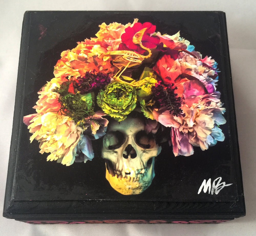 Small Wood Dia De Los Muertos Flower Skull Skeleton Box 26-C - Etsy