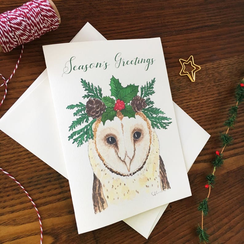 Owl Christmas Card. Barn Owl Card. Set of 10. Seasons | Etsy