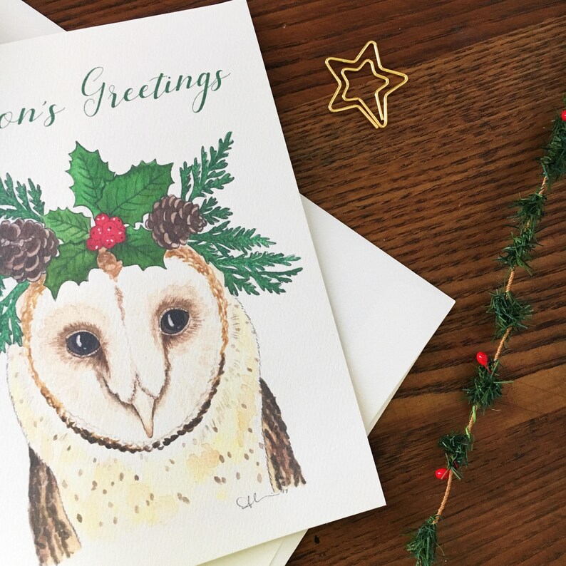 Owl Christmas Card. Barn Owl Card. Set of 10. Seasons | Etsy