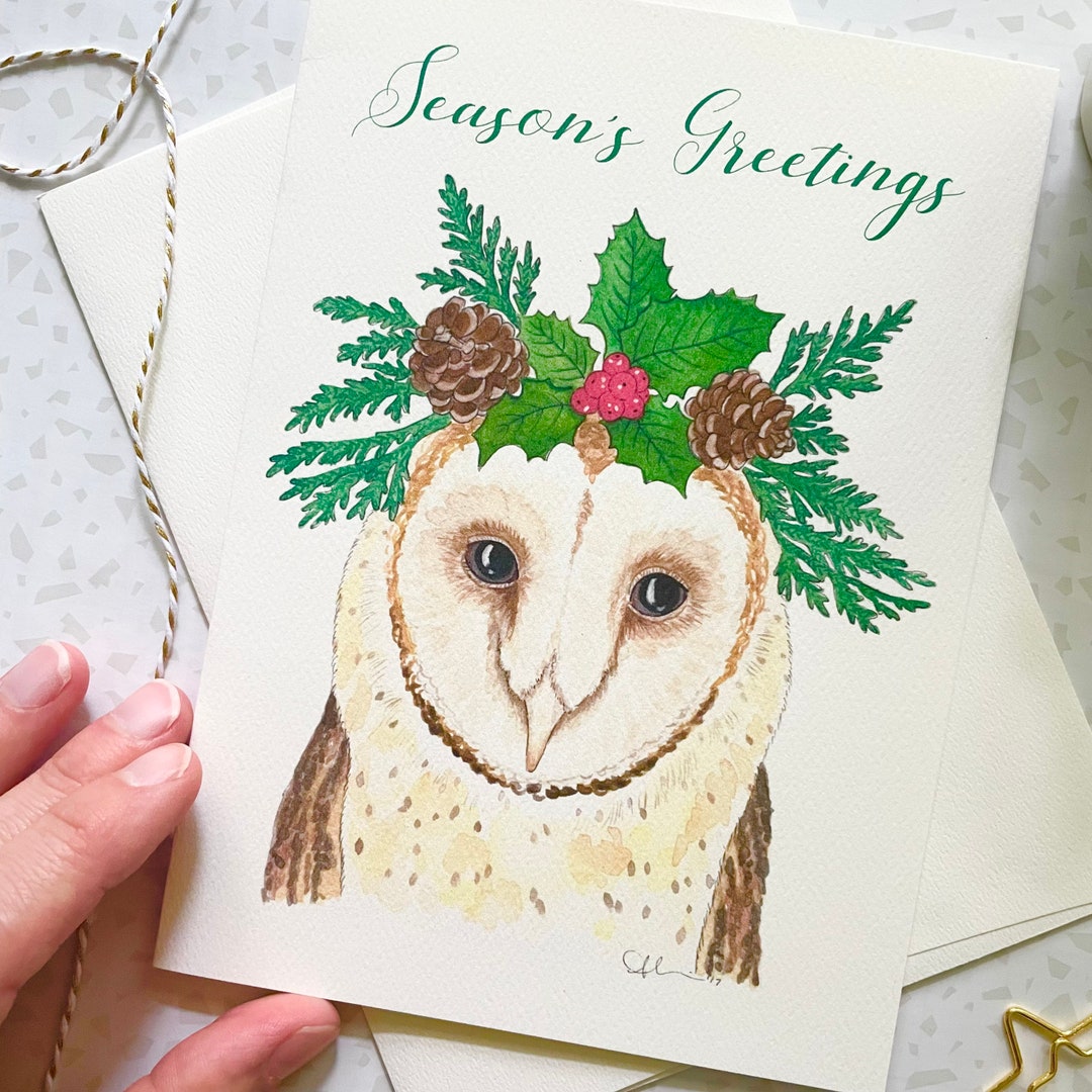 Owl Christmas Card. Barn Owl Card. Set of 8. Seasons Greetings ...