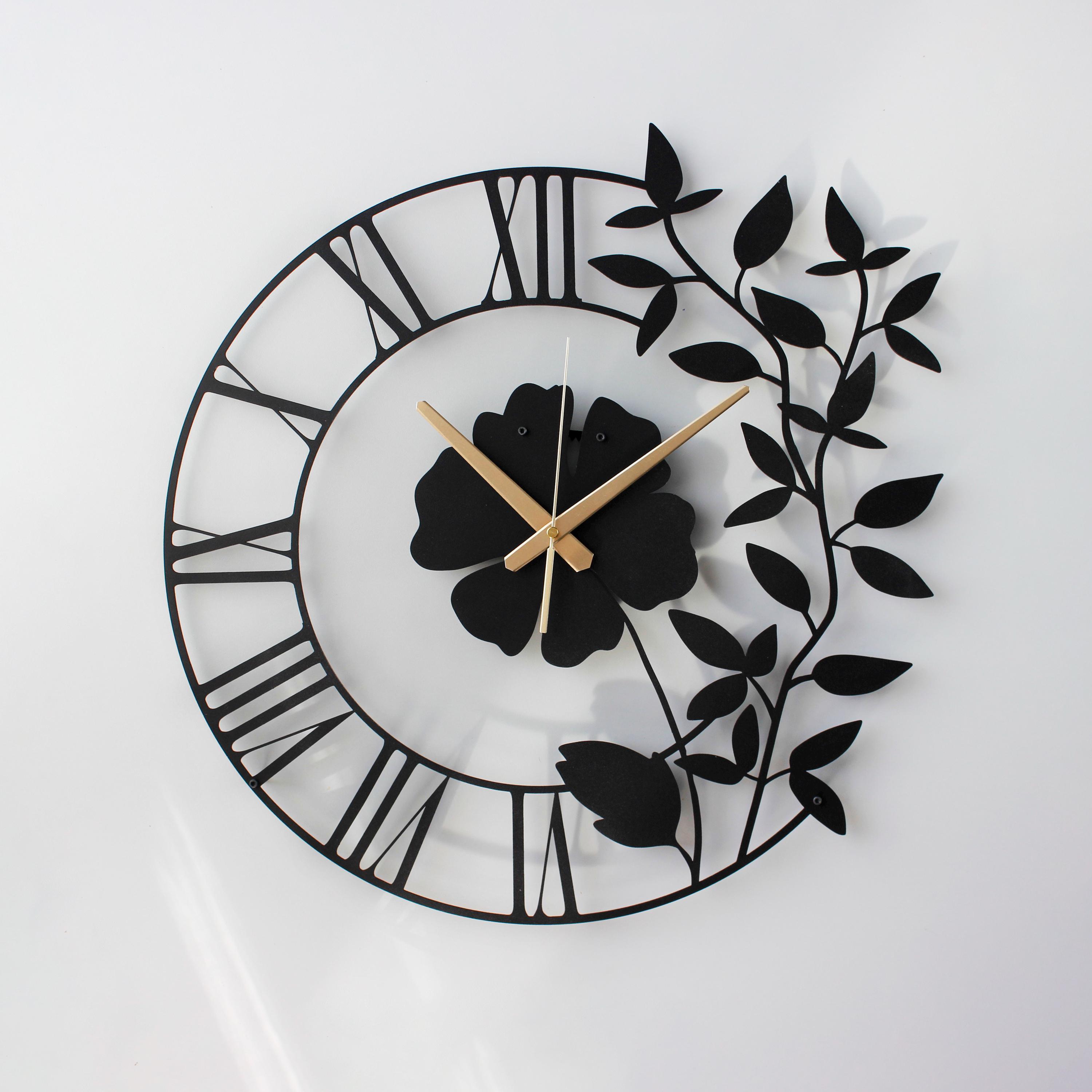 Floral Metal Wall Clock, Black Flower and Leaf Design Decor, Silent ...