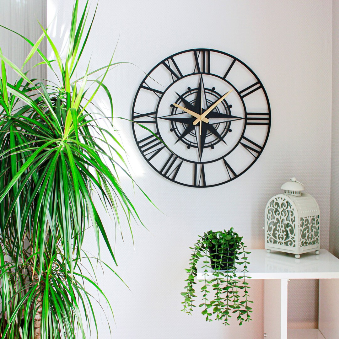 Large Compass Metal Wall Clock, Oversized Silent Wall Clock, Unique ...