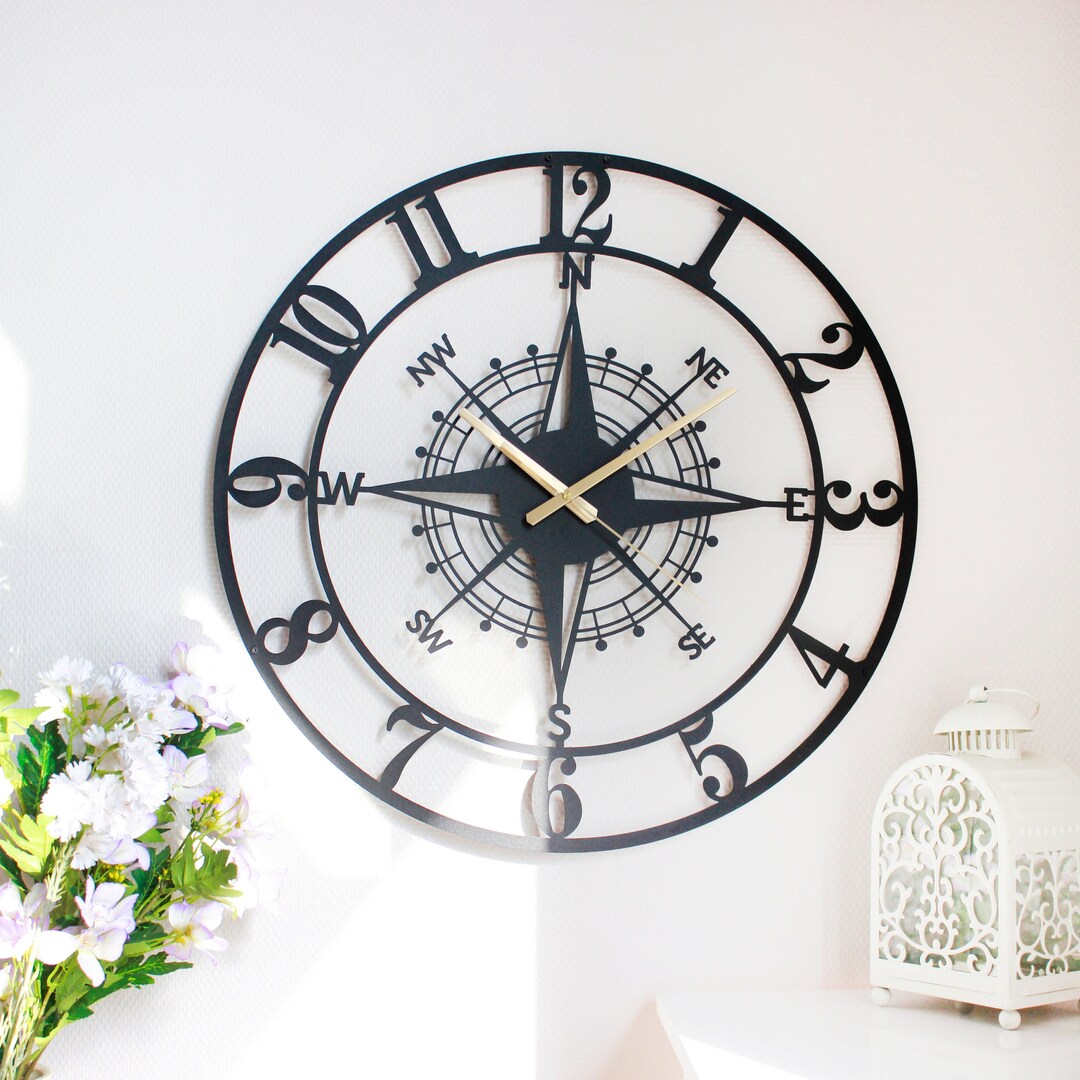 Unique Compass Design Metal Wall Clock, Large Silent Clocks for Wall ...