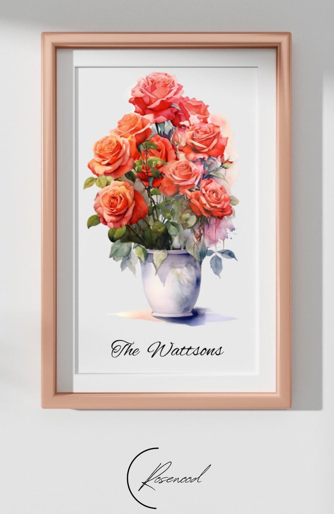 Personalized Family Name Rose Bouquet, Personalised Watercolour Flower ...
