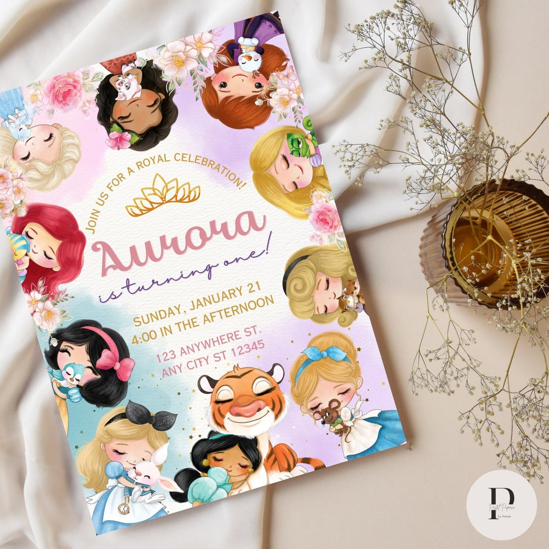 Princesses Invitation, Watercolor Chibi Princess Invite, Cute Princess ...