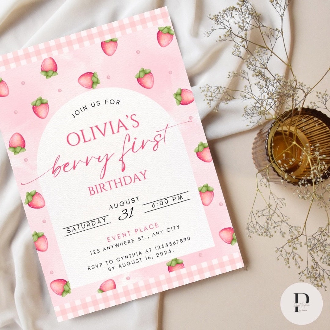 Strawberry Invitation, Berry First Birthday Invite, Watercolor ...