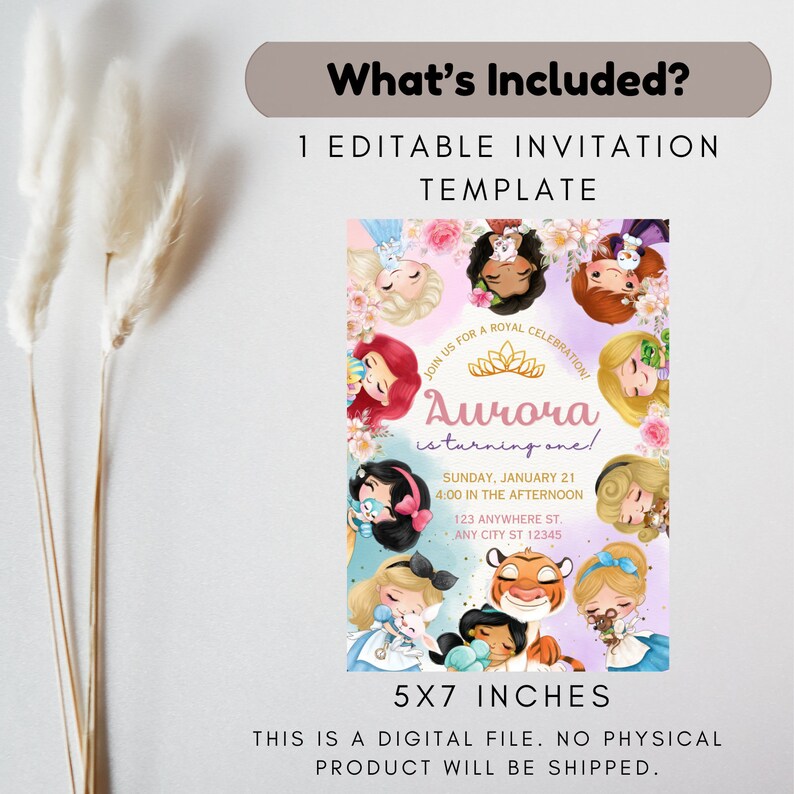 Princesses Invitation, Watercolor Chibi Princess Invite, Cute Princess ...