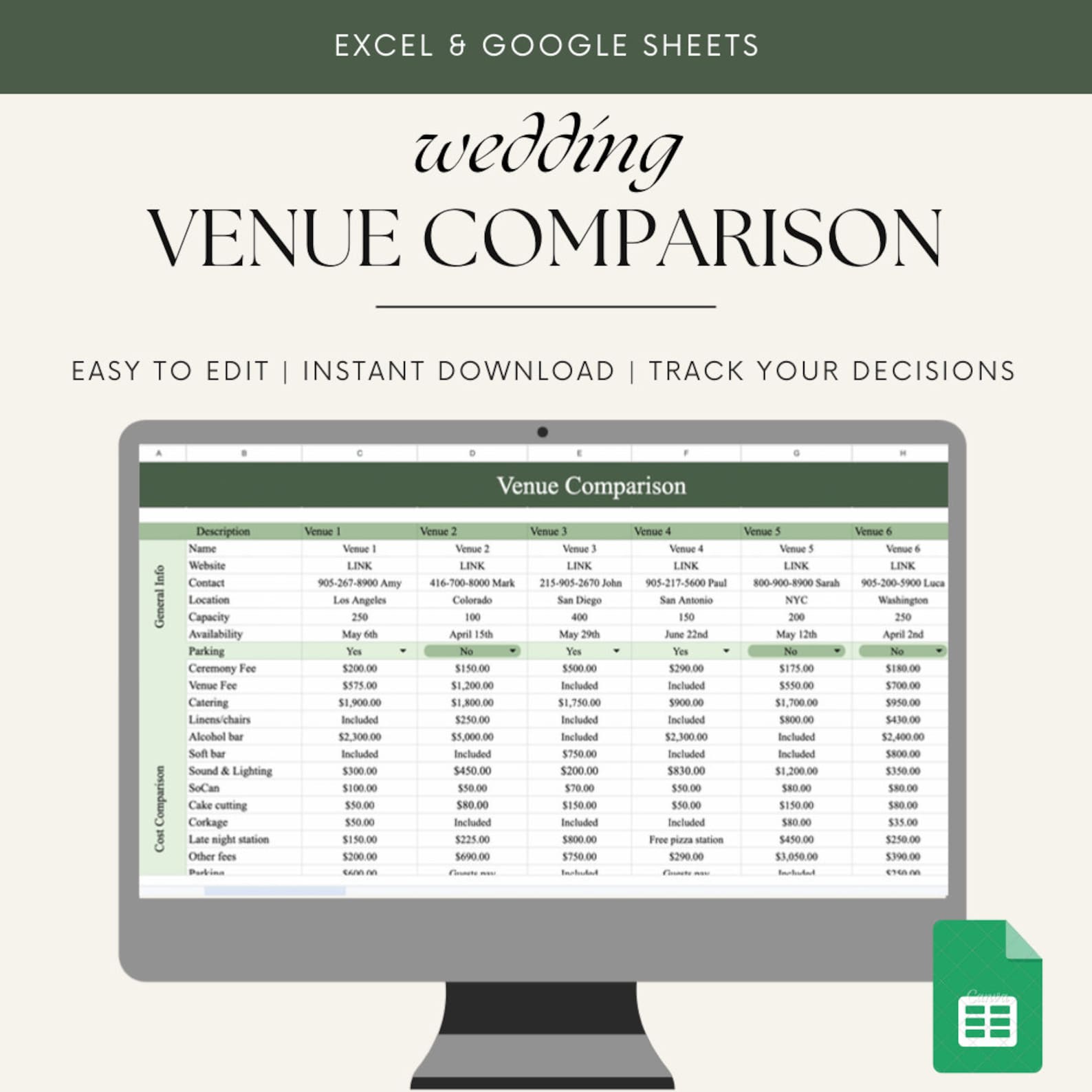 Wedding Venue Comparison Spreadsheet | Wedding Planner Google Sheets ...