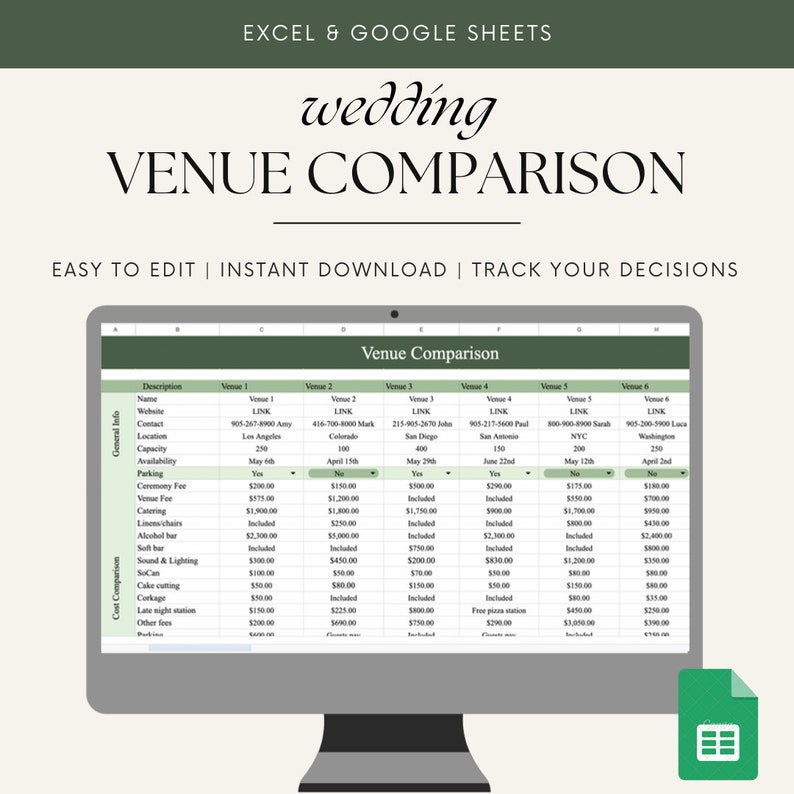 Wedding Venue Comparison Spreadsheet | Wedding Planner Google Sheets ...