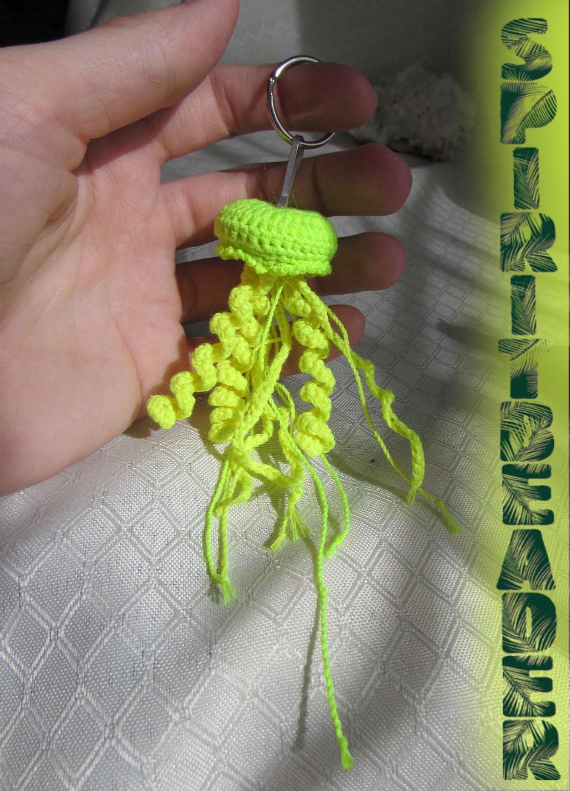 Neon Fluorescent Yellow Crochet Beach Jellyfish Keychain Silver Split ...