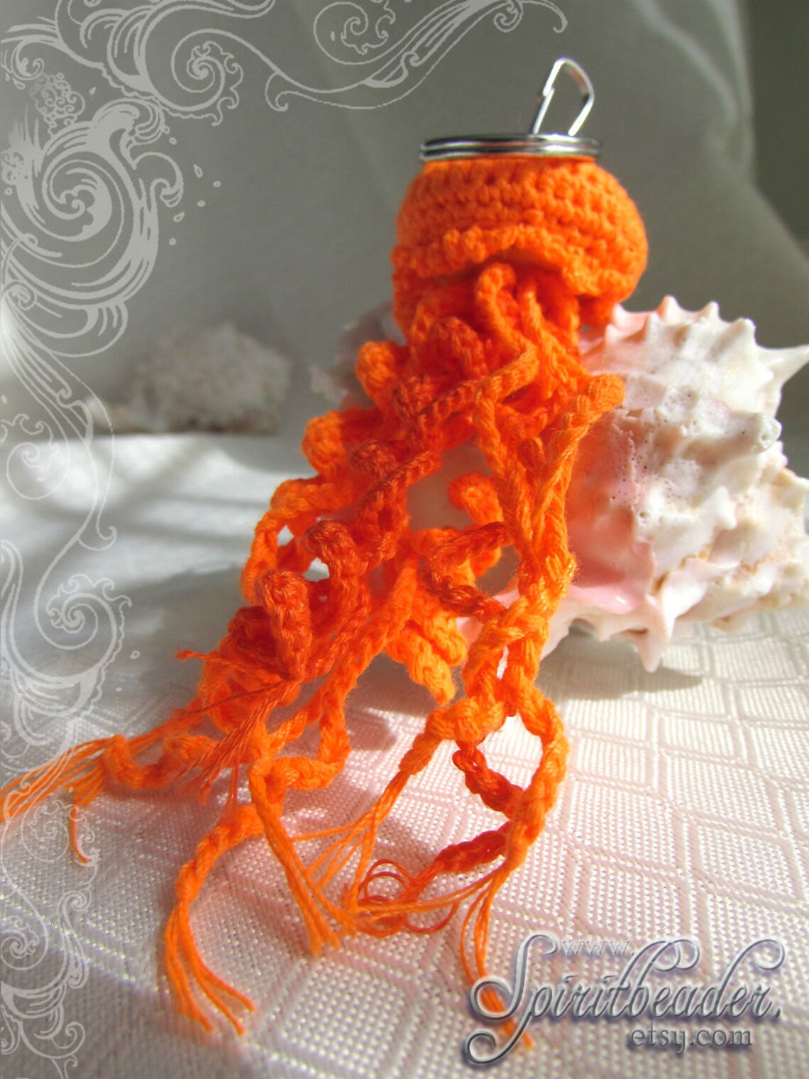 Neon Fluorescent Orange Crochet Beach Jellyfish Keychain Silver Split ...