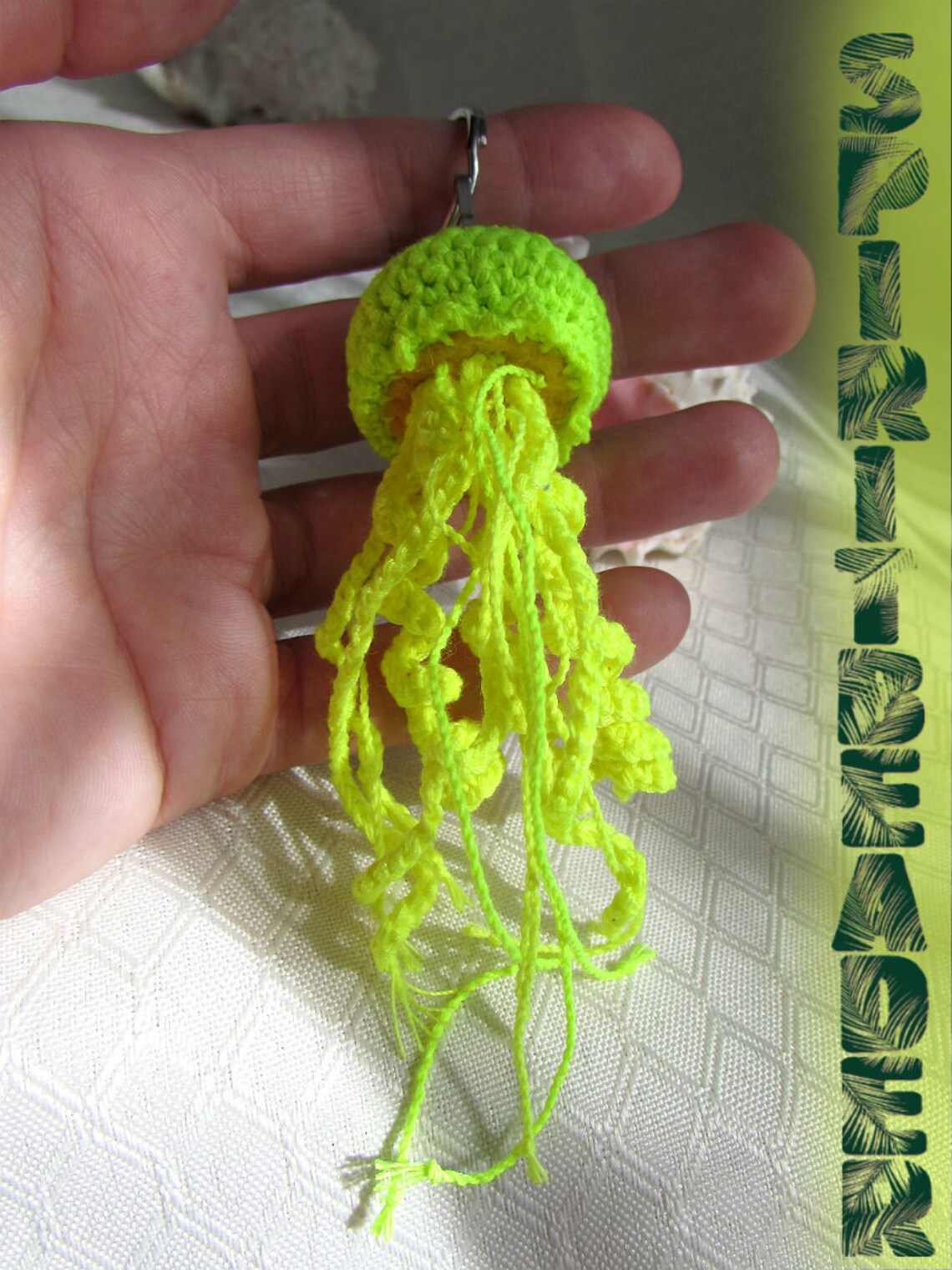Neon Fluorescent Yellow Crochet Beach Jellyfish Keychain Silver Split ...