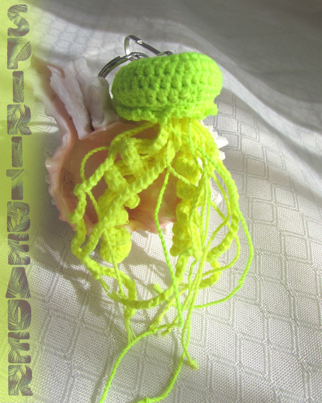 Neon Fluorescent Yellow Crochet Beach Jellyfish Keychain Silver Split ...