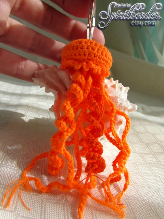 Neon Fluorescent Orange Crochet Beach Jellyfish Keychain | Etsy