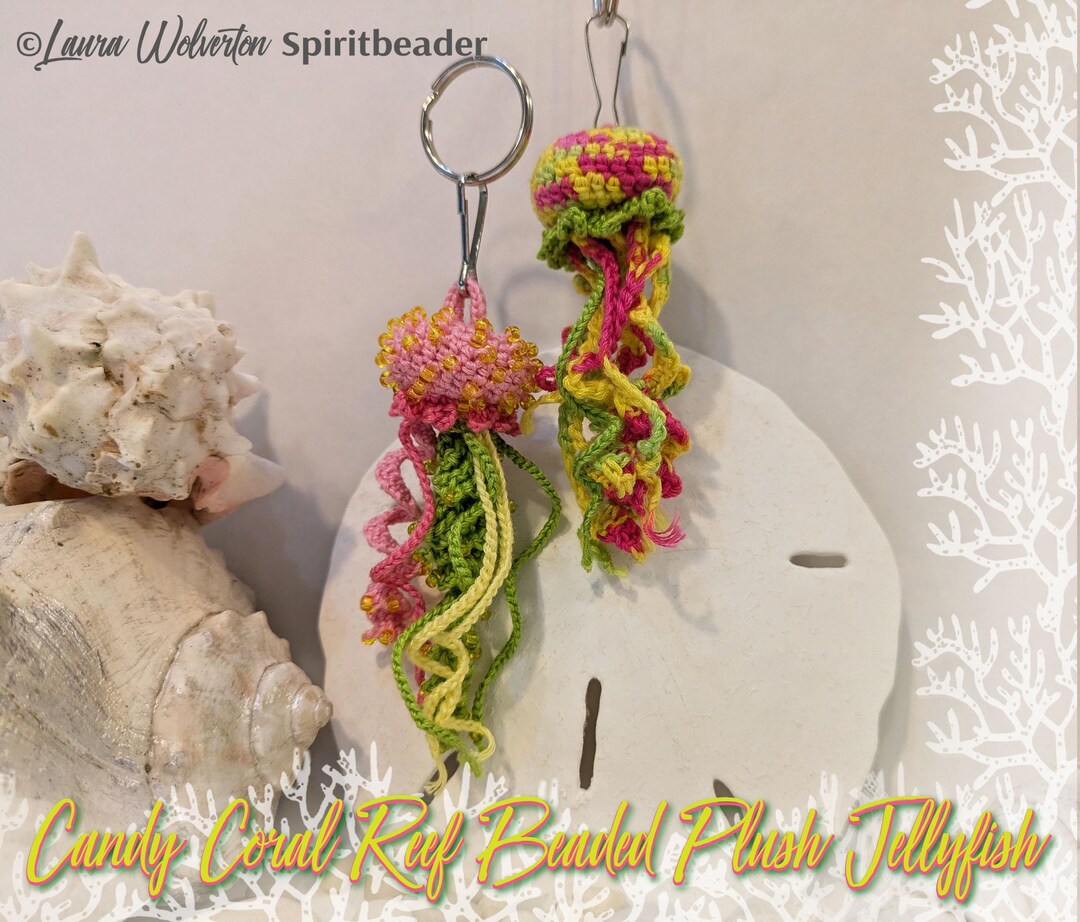 Candy Coral Reef Beaded Plush Jellyfish Keychains Set of Two - Pink ...