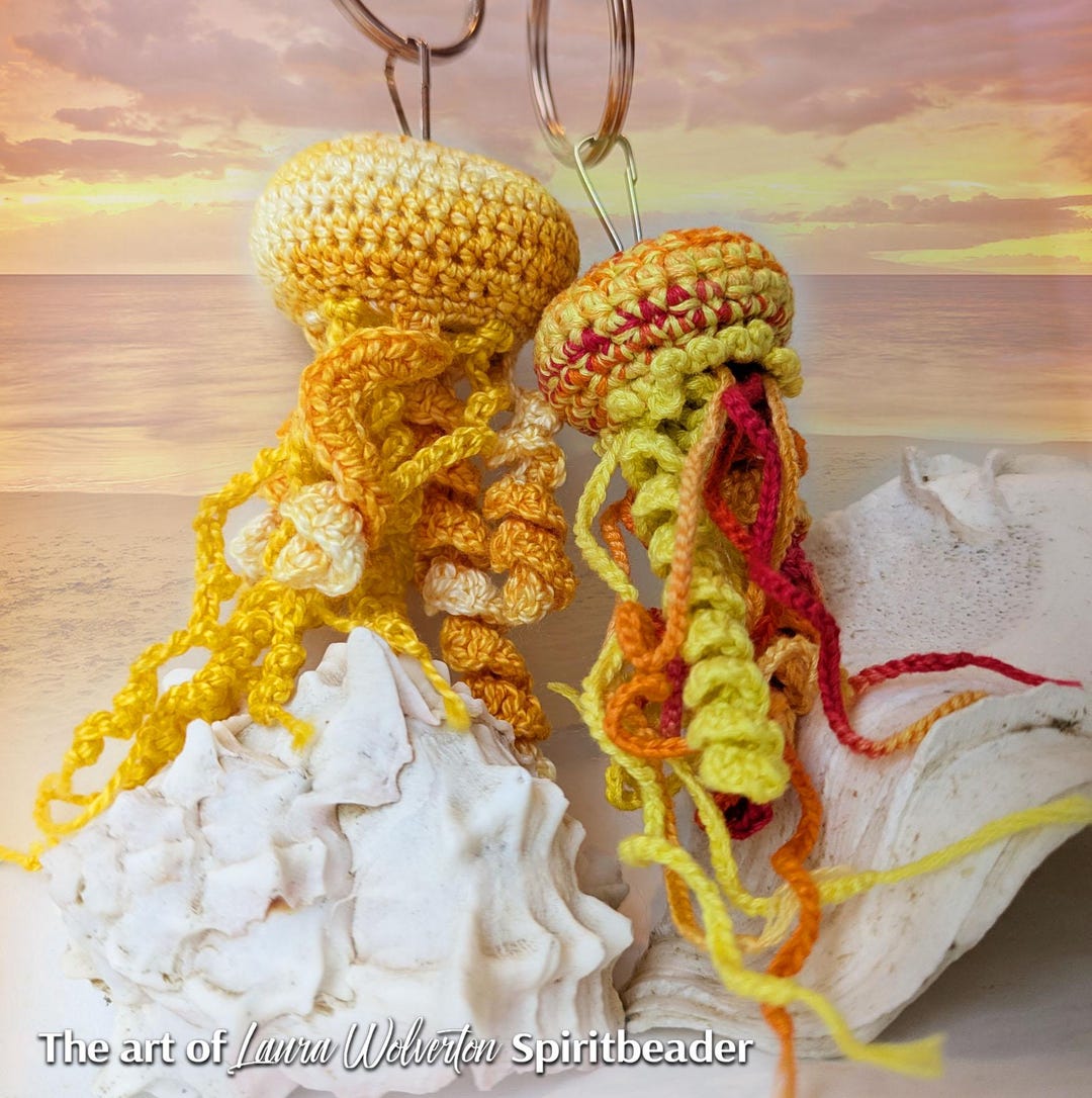 Butter Mellow & Sunset Tangerine Plush Crochet Jellyfish Keychain Pair ...