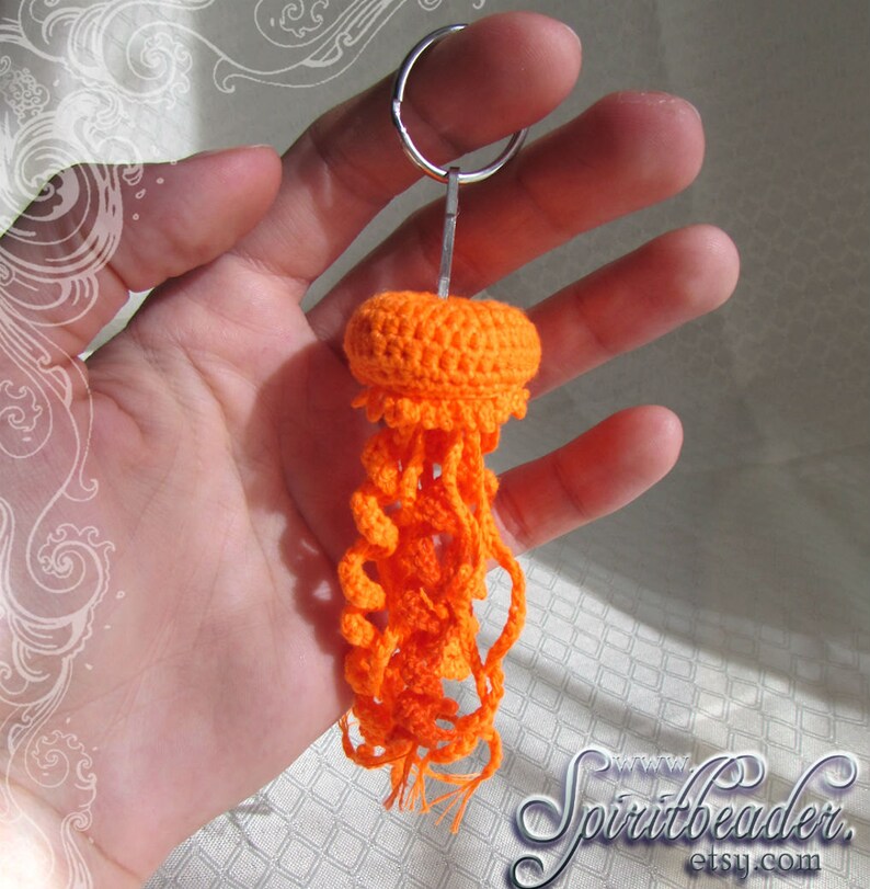 Neon Fluorescent Orange Crochet Beach Jellyfish Keychain Silver Split ...