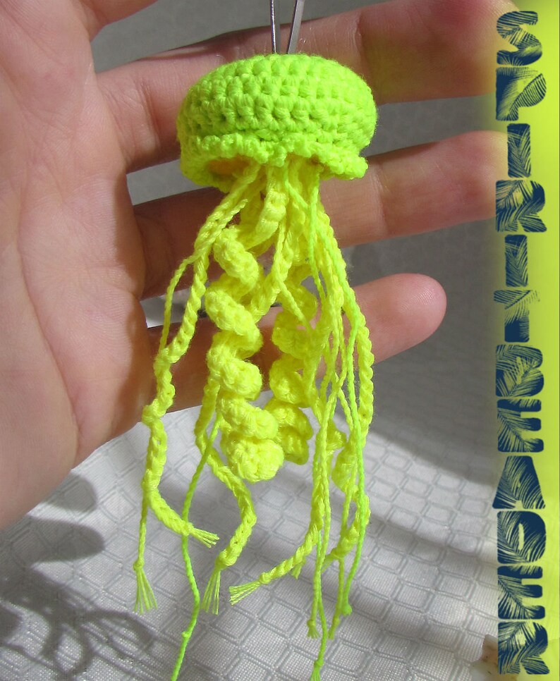 Neon Fluorescent Yellow Crochet Beach Jellyfish Keychain Silver Split ...