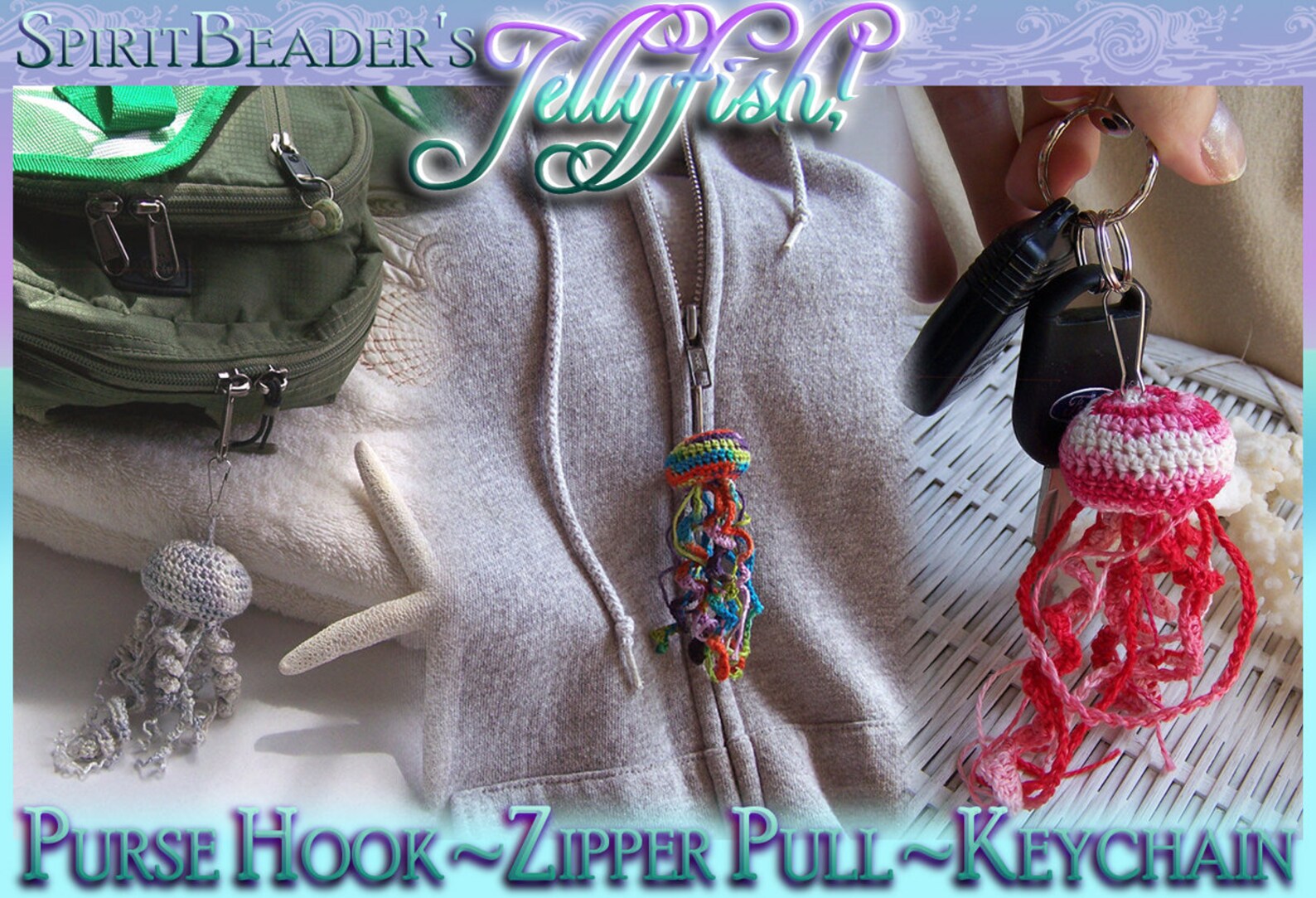 Neon Fluorescent Yellow Crochet Beach Jellyfish Keychain Silver Split ...