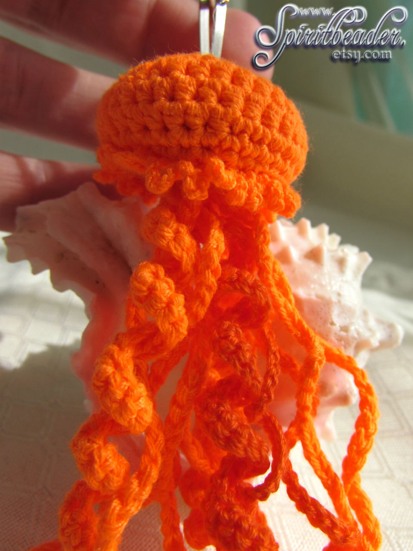 Neon Fluorescent Orange Crochet Beach Jellyfish Keychain Silver Split ...