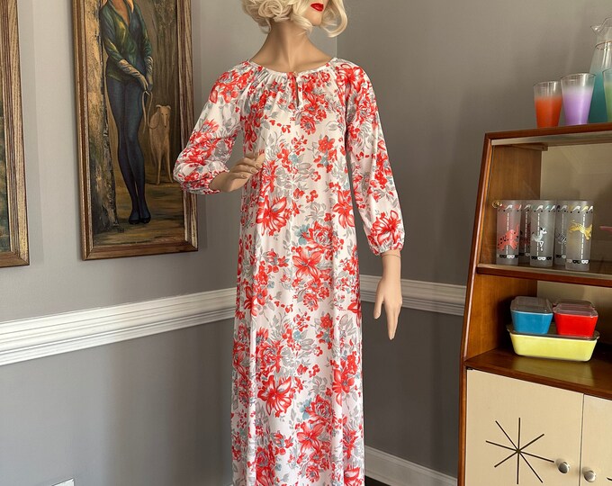 Vintage 70s Mrs. Roper Maxi Dress Orange & Blue Floral Print Caftan M/L ...