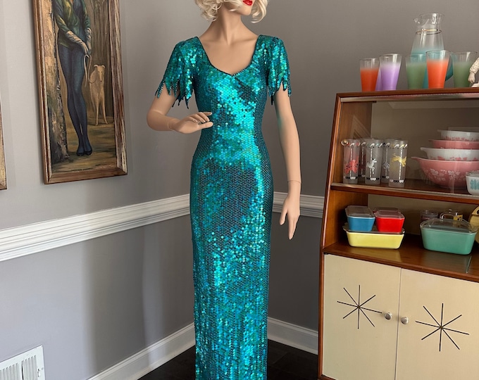 Vintage 80s Mermaid Blue Green Liquid Sequin Prom Dress S - Etsy