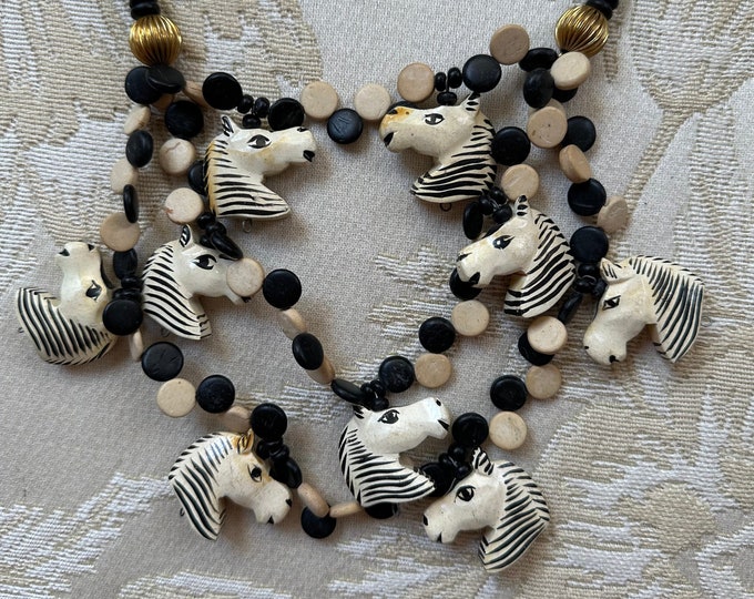 Vintage Zebra Necklace Wood Beads Safari Vacation Statement Jewelry ...