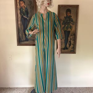 Vintage 1970s Striped Cabana Zip Front Robe Mrs Roper Lounge Pool Dress ...