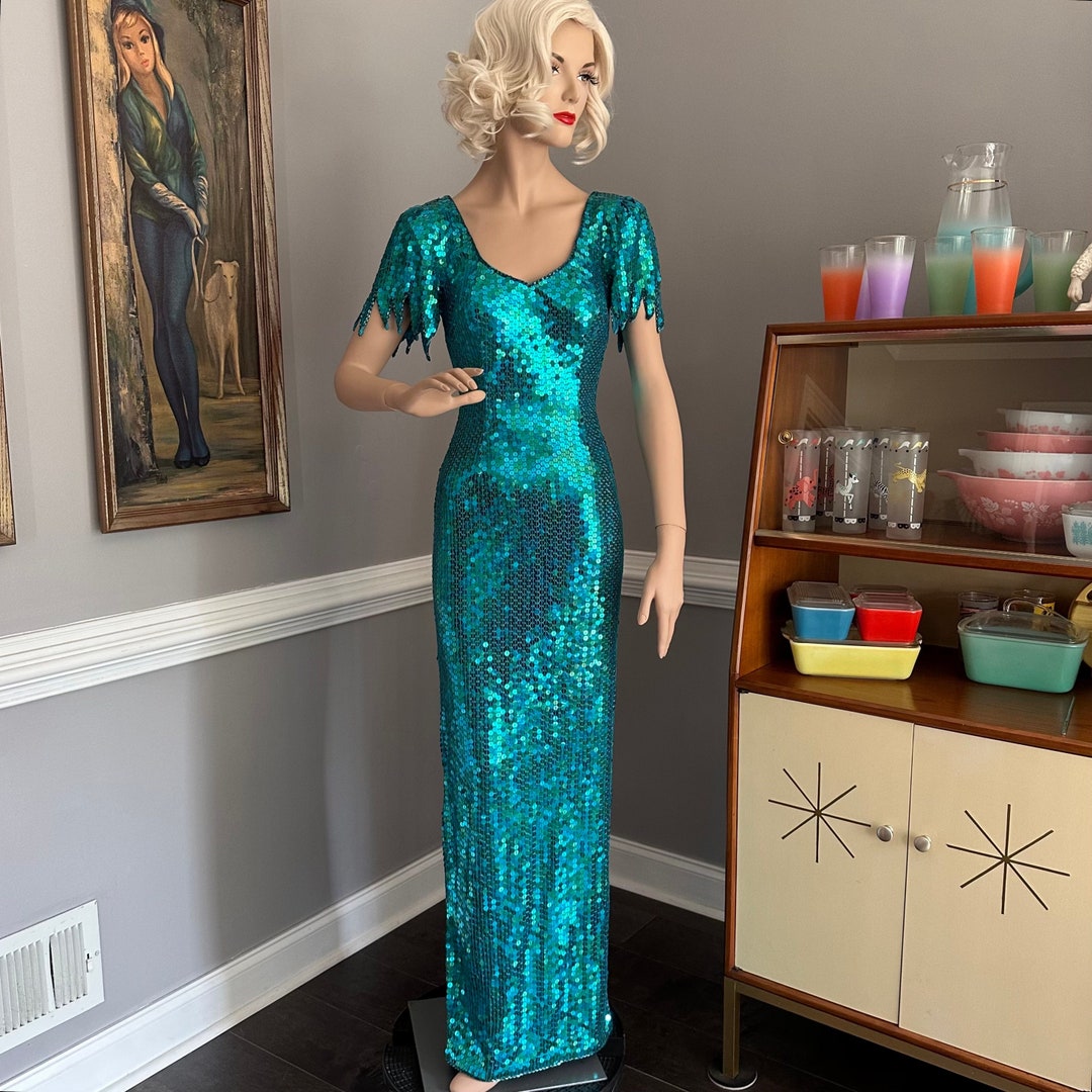 Vintage 80s Mermaid Blue Green Liquid Sequin Prom Dress S - Etsy