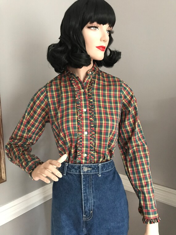 Vintage 80s Ruffle Collar Blouse, High Neck, Sheer, E… - Gem