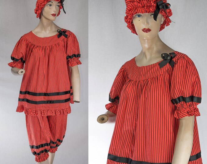 Vintage Old Fashioned Bathing Suit Costume Red Striped Top Bloomers ...