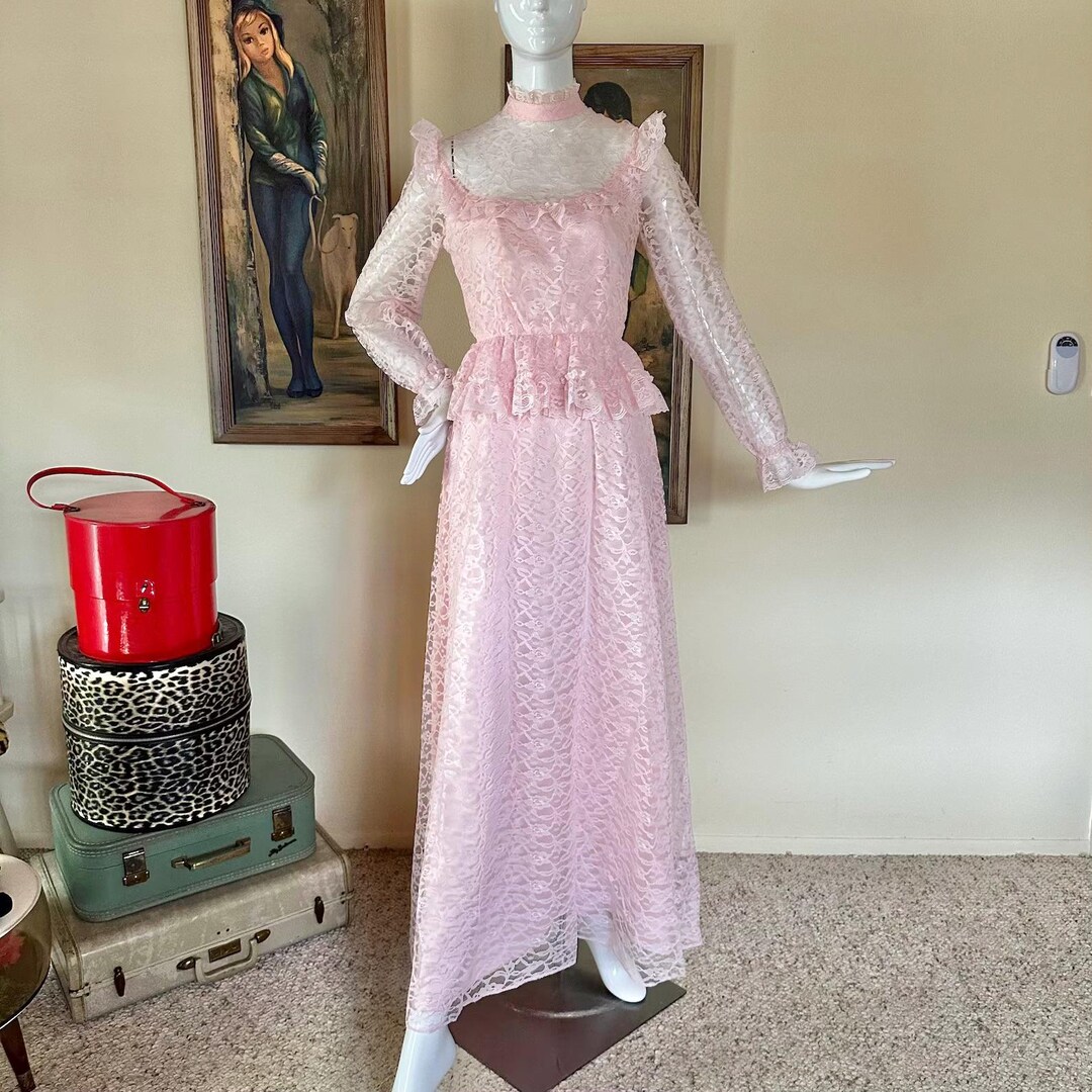 Vintage 1970s Victorian Pastel Pink Lace Prom Dress Prairie Maxi XS/S ...