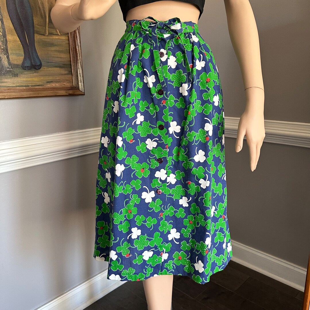 Vintage 70s Four Leaf Clover & Lady Bugs Skirt A-line Button Front L - Etsy