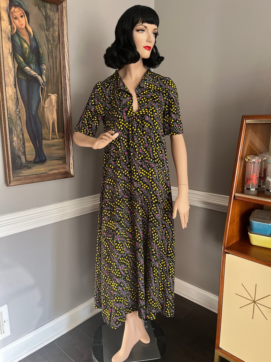 Vintage 1970s Hawaiian Caftan Dress Mrs Roper Muumuu Maxi M/L - Etsy