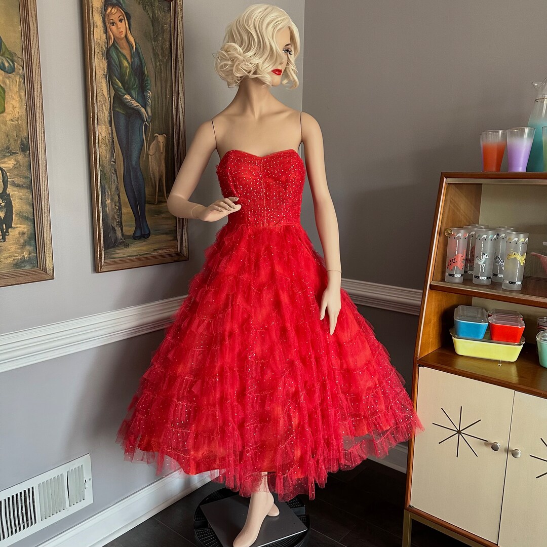 Vintage 1950s Cupcake Prom Dress Strapless Red Ruffled Glitter Tulle S ...