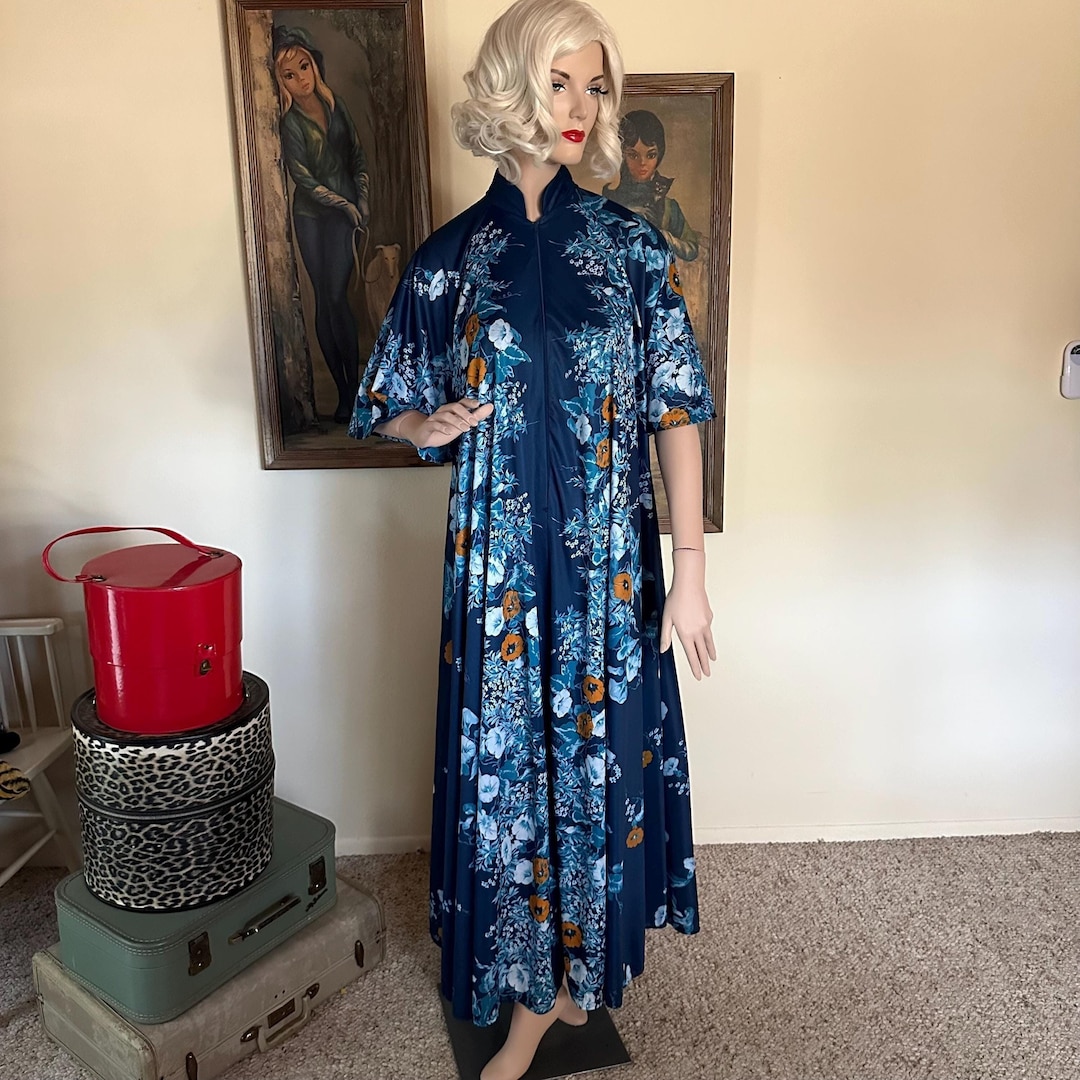 Vintage 1970s Mrs. Roper Floral Caftan Muumuu Dress Zip Front One Size ...