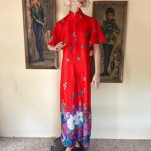 Vintage 1970s Mrs. Roper Floral Caftan Muumuu Dress Zip Front S/M ...